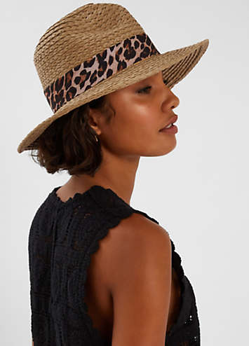 Accessorize Natural Leopard Trim Straw Fedora Hat | Kaleidoscope