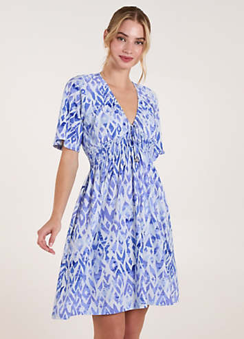 Blue Vanilla Abstract Shirred Waist V-Neck Dress | Kaleidoscope