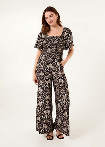 Blue Vanilla Palm Tree Print Square Neck Shirred Jumpsuit | Kaleidoscope