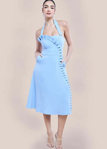 Goddiva Frilled Halter Neck Strap Midi Dress | Kaleidoscope