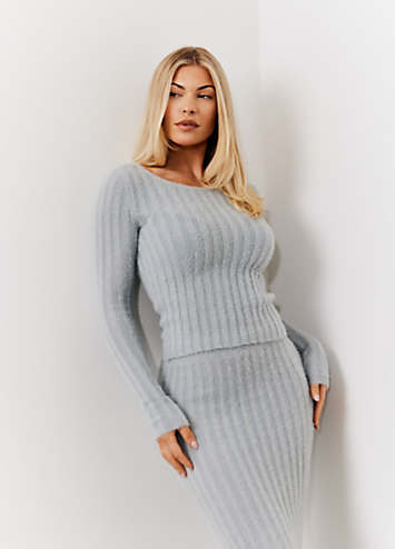 In The Style Perrie Sian Grey Fluffy Rib Boat Neck Knit Jumper ...