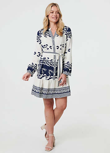 Izabel London Border Print Tie Waist Short Shirt Dress | Kaleidoscope