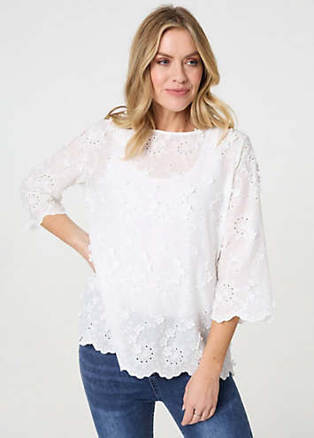 Izabel London Embroidered Texture Three-Quarter Sleeve Blouse ...