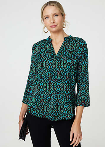 Izabel London Jade Aztec Print Three-Quarter Sleeve Curve Hem Blouse ...