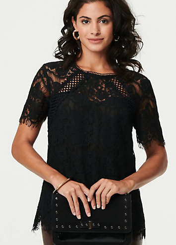 Izabel London Lace Overlay Short Sleeve Blouse | Kaleidoscope