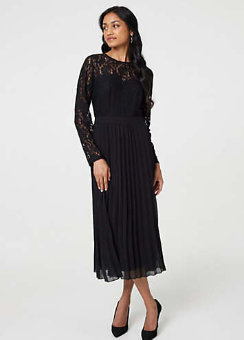Izabel London Lace Trim Pleated Long Sleeve Midi Dress | Kaleidoscope