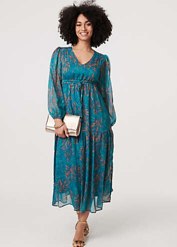 Izabel London Leaf Print Sheer Tie Waist Maxi Dress | Kaleidoscope