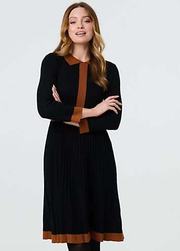 Izabel London Multi Black Border Print Pleated Knit Knee Length Dress | Kaleidoscope