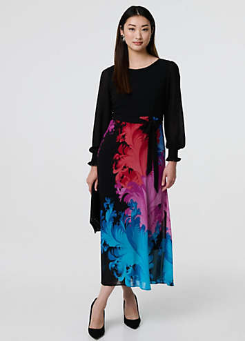 Izabel London Multi Black Floral Contrast Print Tie Waist Midi Dress | Kaleidoscope