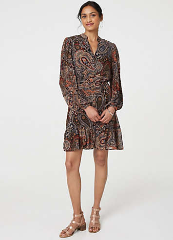 Izabel London Multi Black Paisley Print Tie Waist Short Dress | Kaleidoscope