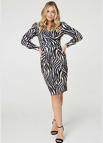 Izabel London Multi Green Zebra Print Long Sleeve Wrap Dress | Kaleidoscope