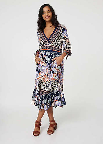 Izabel London Multi Navy Floral Border Print V-Neck Midi Dress | Kaleidoscope