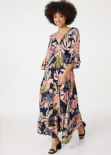 Izabel London Multi Navy Leaf Print Ruffle Maxi Dress | Kaleidoscope
