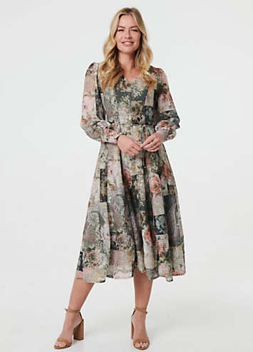Izabel London Patchwork Print Tie Waist Midi Dress | Kaleidoscope