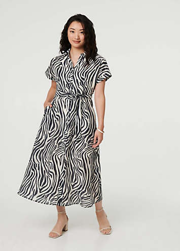 Izabel London Zebra Print Tie Waist Midi Shirt Dress | Kaleidoscope