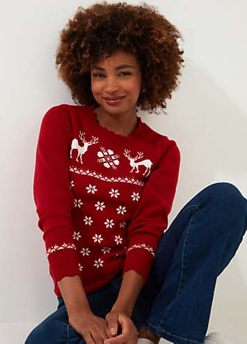 Joe Browns Retro Festive Reindeer Scalloped Edge Jumper | Kaleidoscope