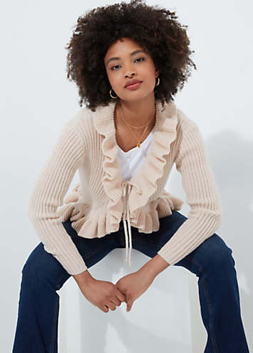 Joe Browns Ribbed Knit Frilly Tie-Front Cardigan | Kaleidoscope