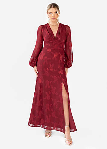 Maya Deluxe Maya Deep Red Floral Jacquard Blouson Sleeve Maxi Dress ...