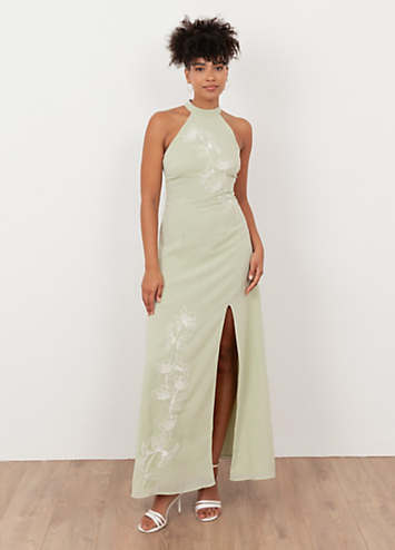 Maya Deluxe Meadow Green Embroidered Halter Neck & Keyhole Back Maxi ...