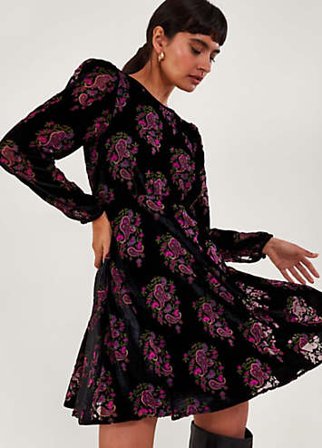Monsoon Ruby Paisley Devore Velvet Short Dress | Kaleidoscope