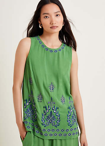 Monsoon Saffron Embroidered Tank Top Green | Kaleidoscope