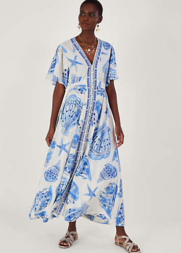 Monsoon Shell Print Maxi Kaftan Dress in Linen Blend | Kaleidoscope