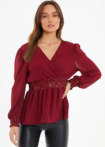 Quiz Berry Chiffon Sequin Waist Detail Top | Kaleidoscope