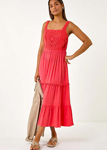 Roman Crochet Detail Cotton Blend Maxi Dress | Kaleidoscope