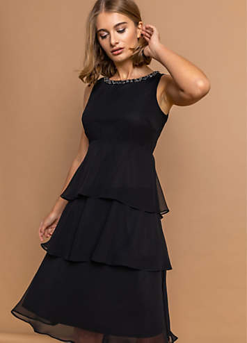 Roman Tiered Embellished Neck Chiffon Dress | Kaleidoscope