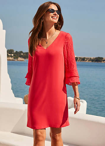 Sosandar Coral Sheer Sleeve Shift Dress | Kaleidoscope