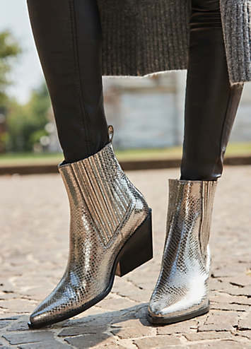 Sosandar Silver Leather Western Stack Heel Boots | Kaleidoscope