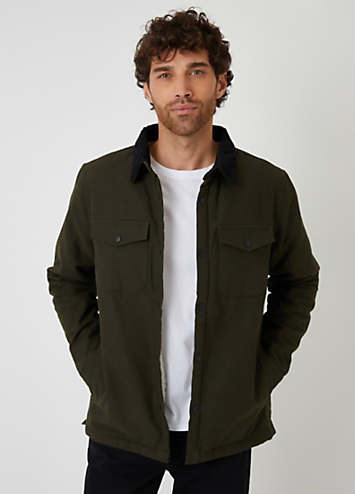 Threadbare Dark Green Borg Lined Canvas Shacket | Kaleidoscope