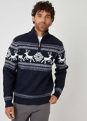 Threadbare Fair Isle Christmas Knitted Quarter Zip Jumper | Kaleidoscope