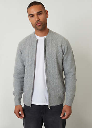 Threadbare Grey Bomber-Style Cable Knit Zip Through Cardigan | Kaleidoscope