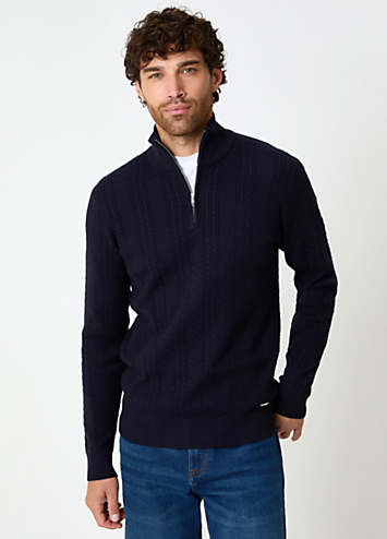 Threadbare Navy Cable Knit Quarter Zip Jumper | Kaleidoscope