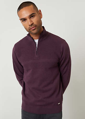 Threadbare Plum Rib Detail Crew Neck Quarter Zip Jumper | Kaleidoscope