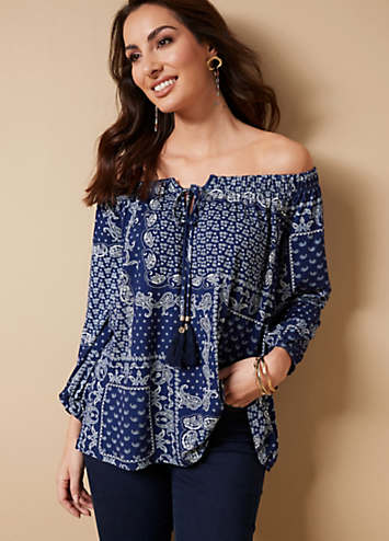 Together Blue Patchwork Gypsy Jersey Top with Tassels | Kaleidoscope