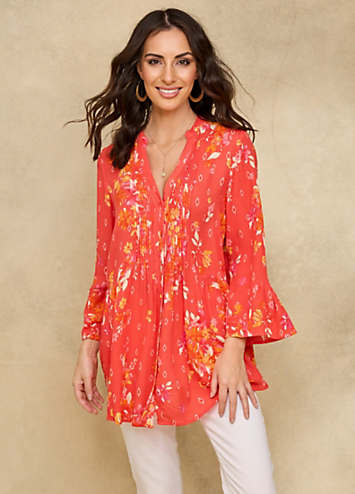 Together Coral Floral Print Pintuck Blouse | Kaleidoscope