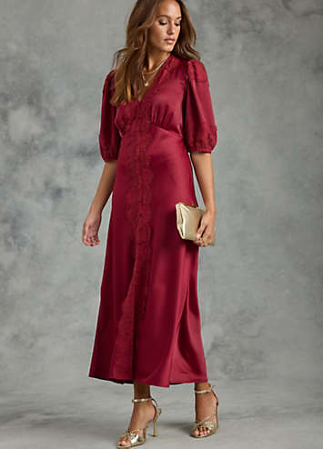 Together Deep Red Lace Trim Satin Midaxi Dress | Kaleidoscope