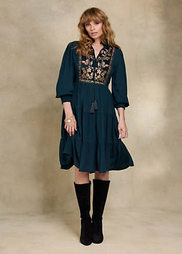 Together Teal Embroidered Tiered Dress | Kaleidoscope