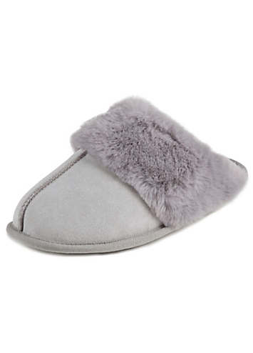 Totes Grey Real Suede Mules with Fur Cuffs | Kaleidoscope