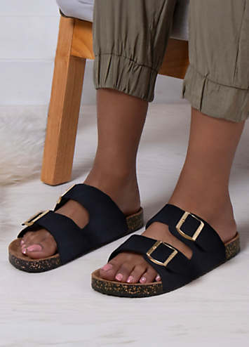 Totes Ladies Black PU Double Buckle Sliders | Kaleidoscope