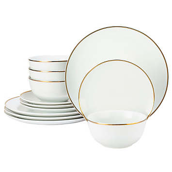 Waterside Set of 12 Piece Gold Rim Porcelain Dinner Set | Kaleidoscope
