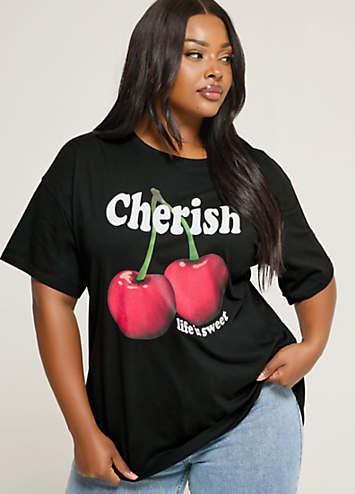 Yours Curve Black ’Cherish’ Cherry Slogan T-Shirt | Kaleidoscope