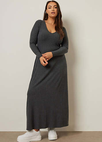 Yours Curve Charcoal Grey Ribbed Flare Maxi Dress | Kaleidoscope