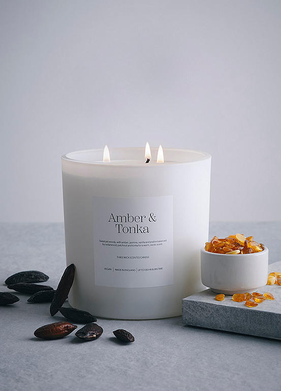 365 by Freemans 3-Wick Matt White Glass Candle - Amber & Tonka Bean ...