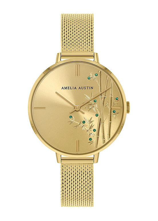 Amelia Austin Bamboo Ladies Pale Gold Stainless Steel Mesh Green Stone ...