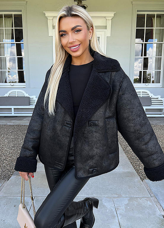 AX Paris Black Faux Shearling Coat | Kaleidoscope