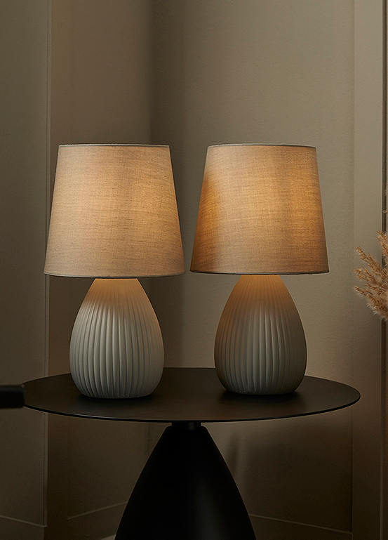 BHS Freya Pack of 2 Light Grey Teardrop Ceramic Table Lamps | Kaleidoscope