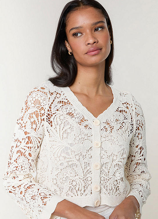 Blue Vanilla Crochet Scallop Edge Button Front Cardigan | Kaleidoscope